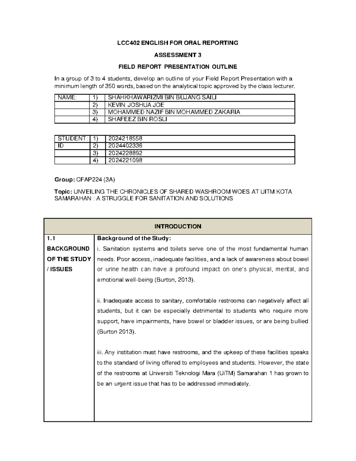 LCC402 Field Report Presentation: Shared Washroom Issues at UiTM - Studocu