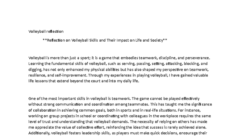 Volleyball Reflection: Skills, Life Lessons & Impact on Growth - Studocu