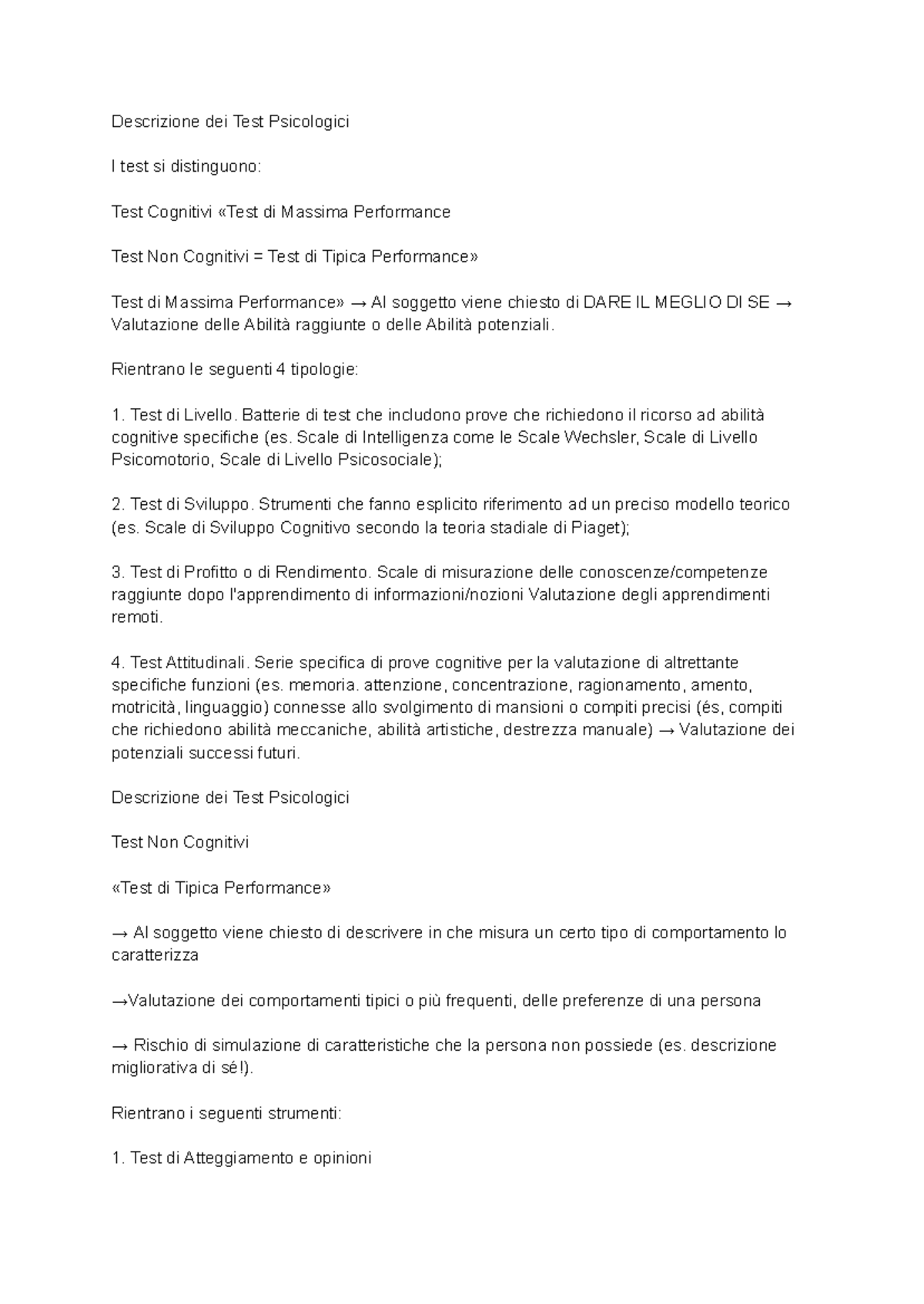 Appunti sui Test Psicologici: Tipologie e Valutazioni - Studocu