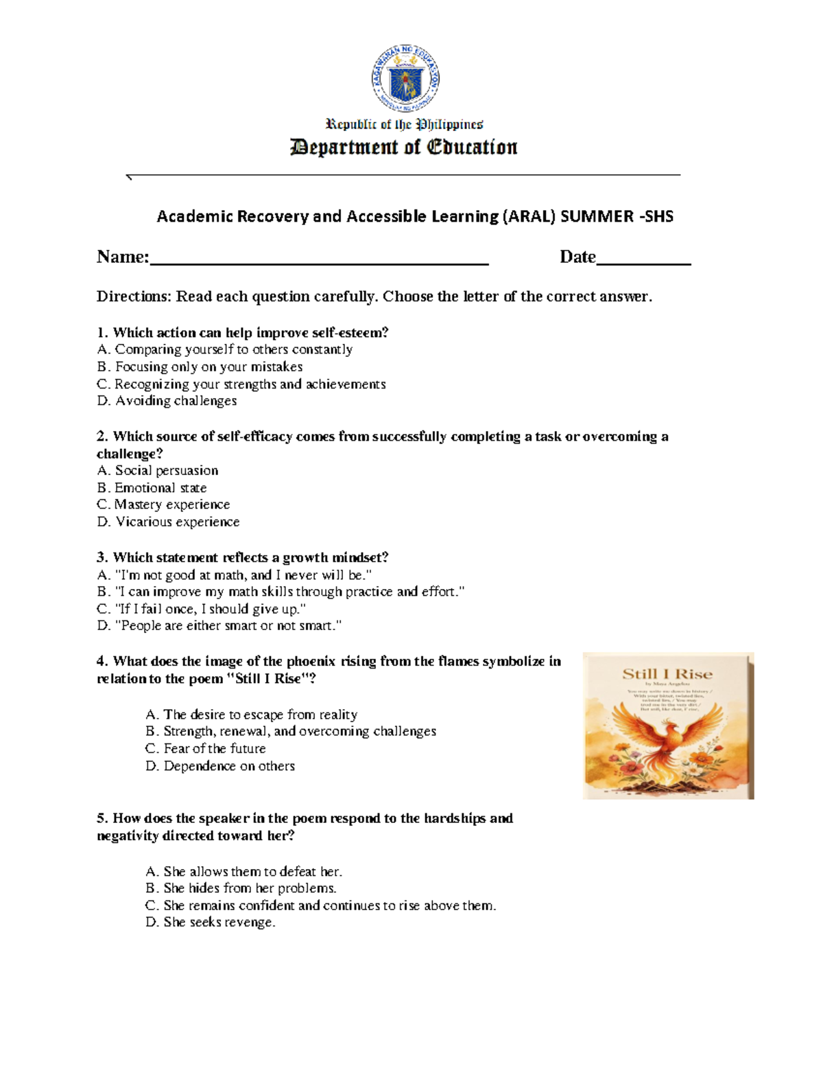 ARAL Literacy - SHS - Assessment on Academic Recovery Strategies - Studocu