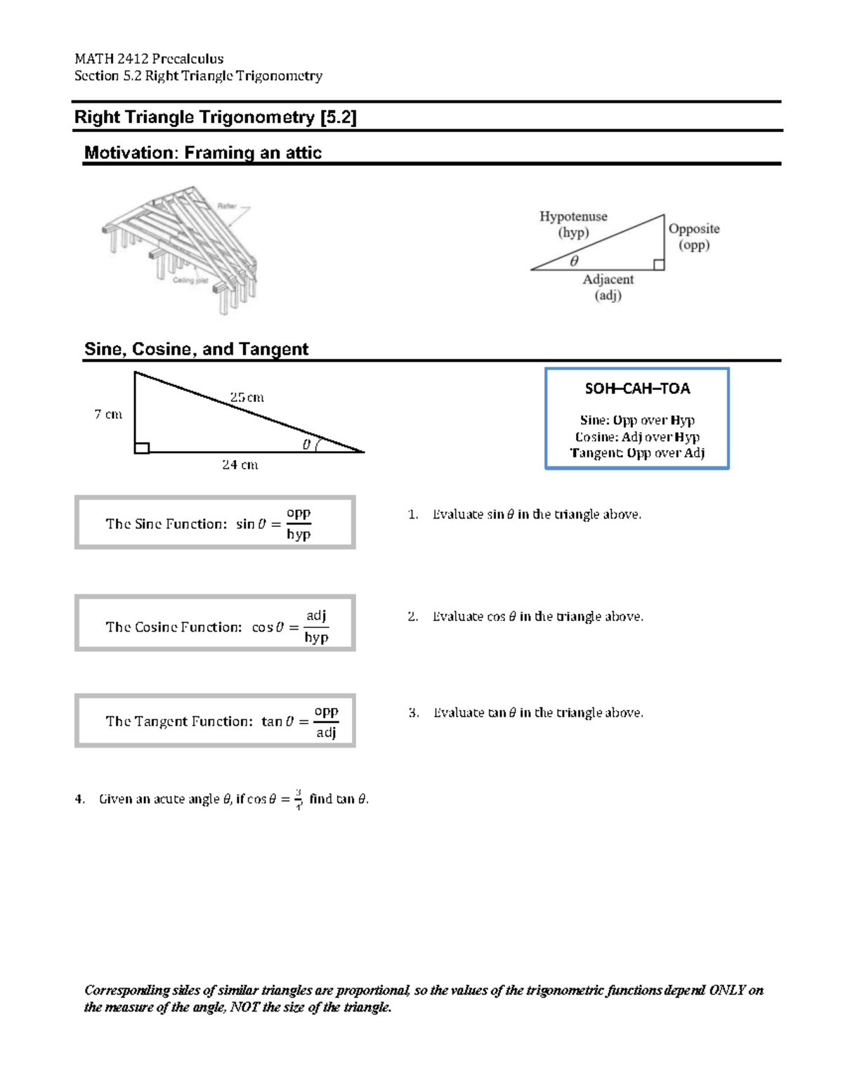 MATH 2412 Precalculus - Section 5.2 Right Triangle Trigonometry Notes ...