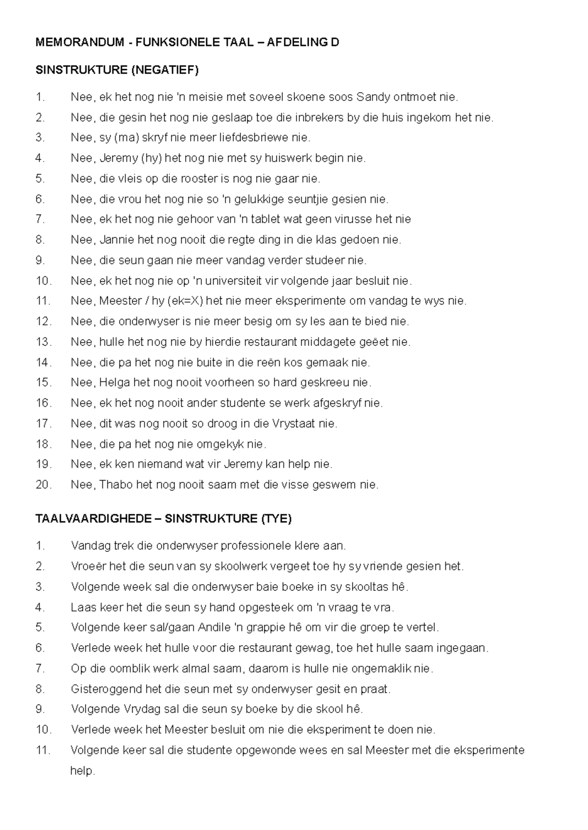 Oefeninge en Memorandum: Funksionele Taal Sinstrukture - Studocu