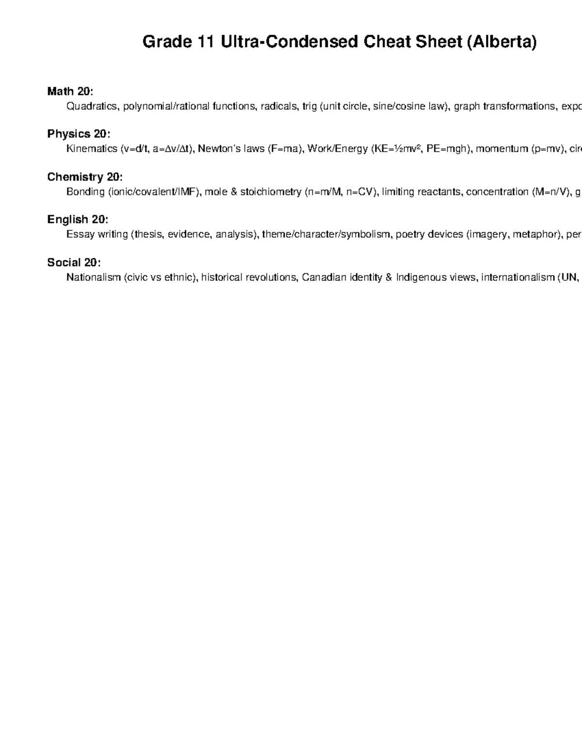 Grade 11 Cheat Sheets Ultra Condensed - Grade 11 Ultra-Condensed Cheat ...