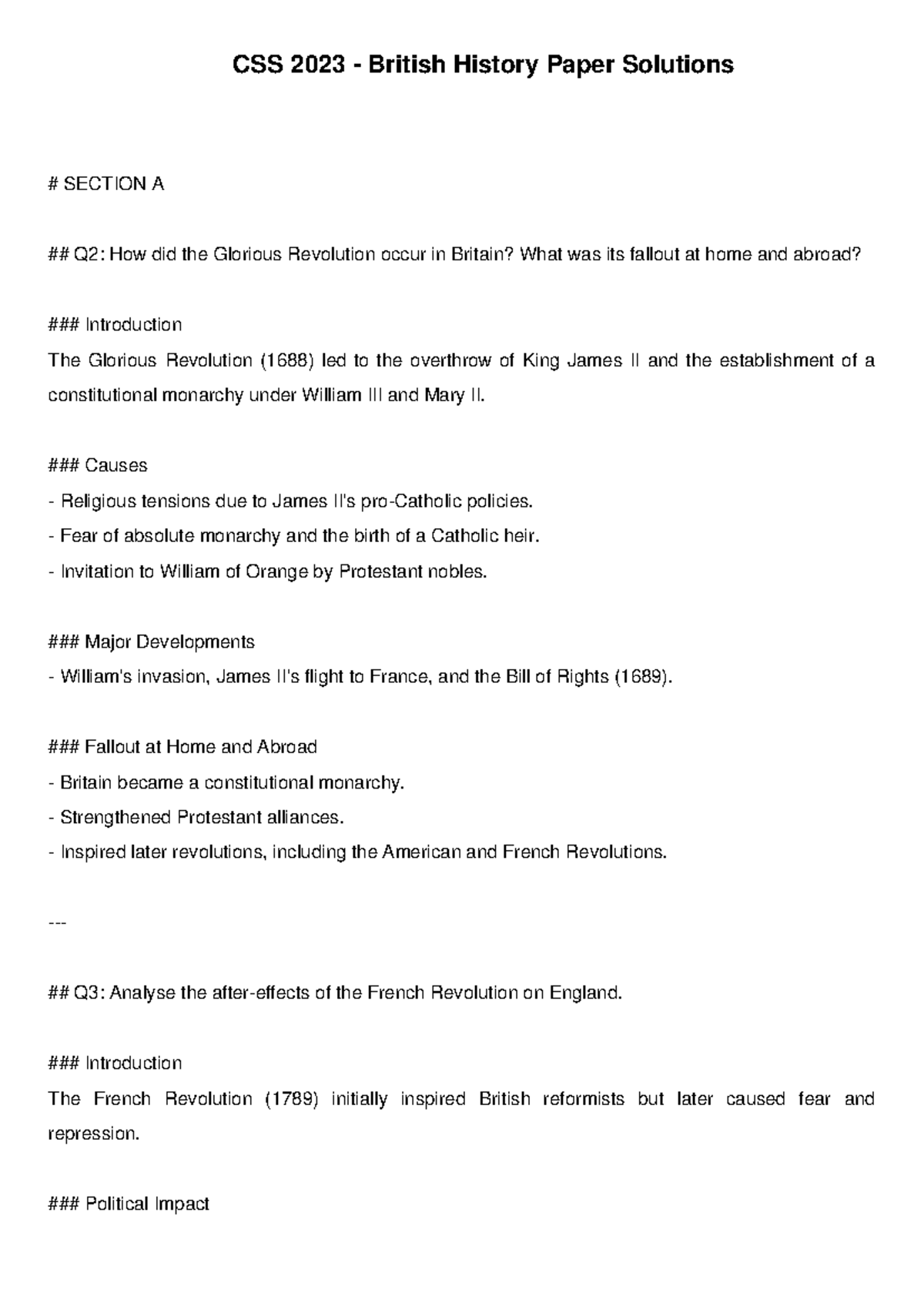 CSS 2023 British History Paper Solutions: Glorious Revolution & More ...