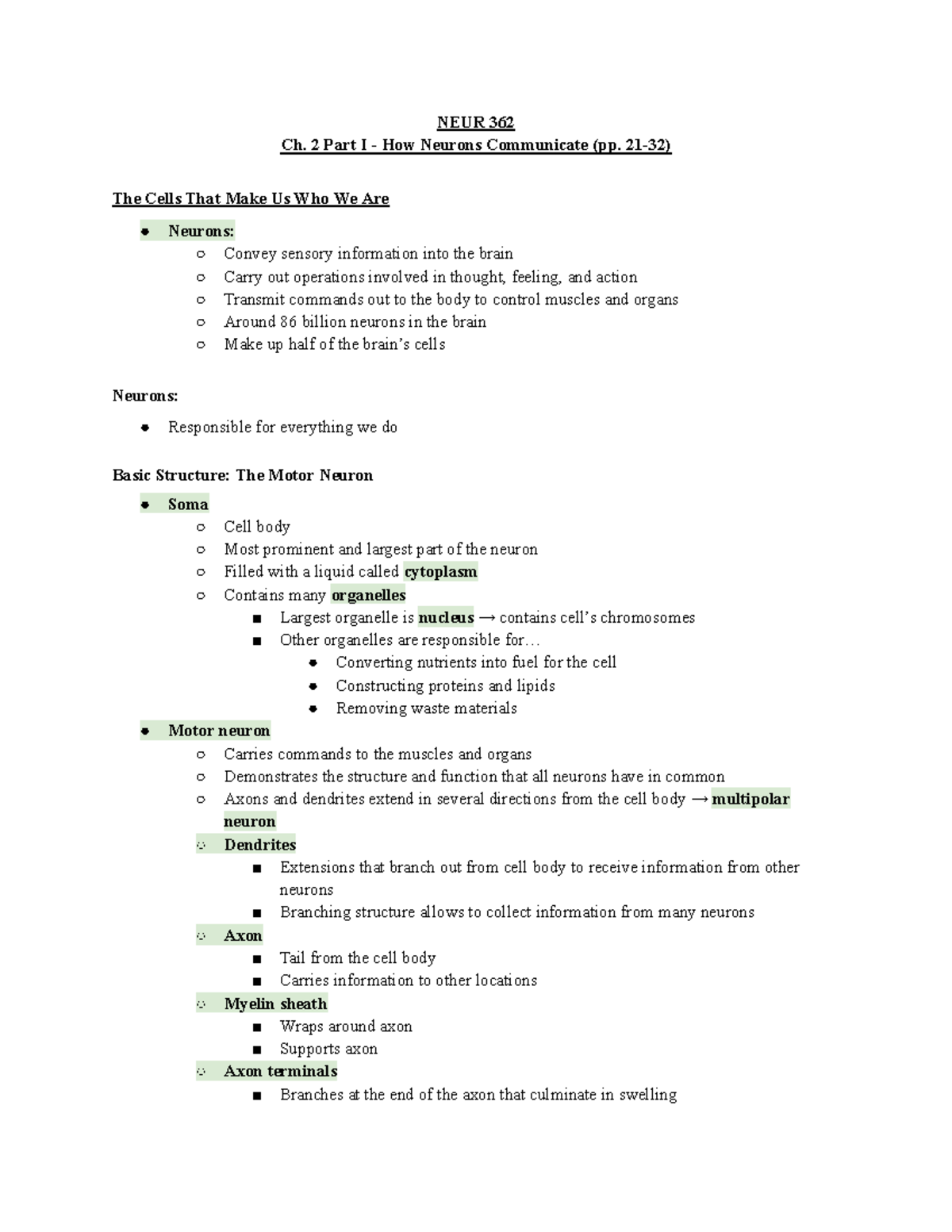 NEUR 362 Final Study Guide: Neuron Communication Insights (Ch. 2 Pt II ...