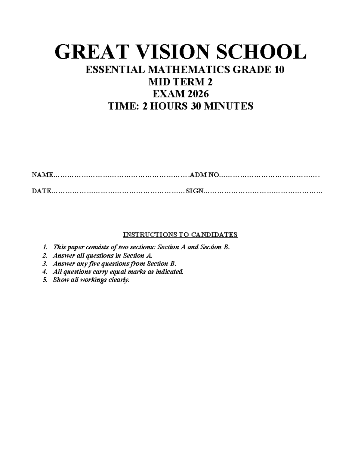 G10 MATHEMATICS MIDTERM 2 EXAM 2026 - GREAT VISION SCHOOL - Studocu