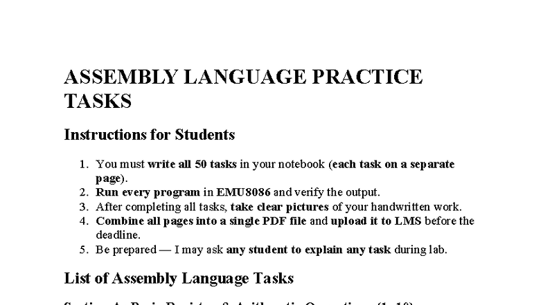 Assembly Language Practice Tasks: EMU8086 Instructions & Exercises - Studocu