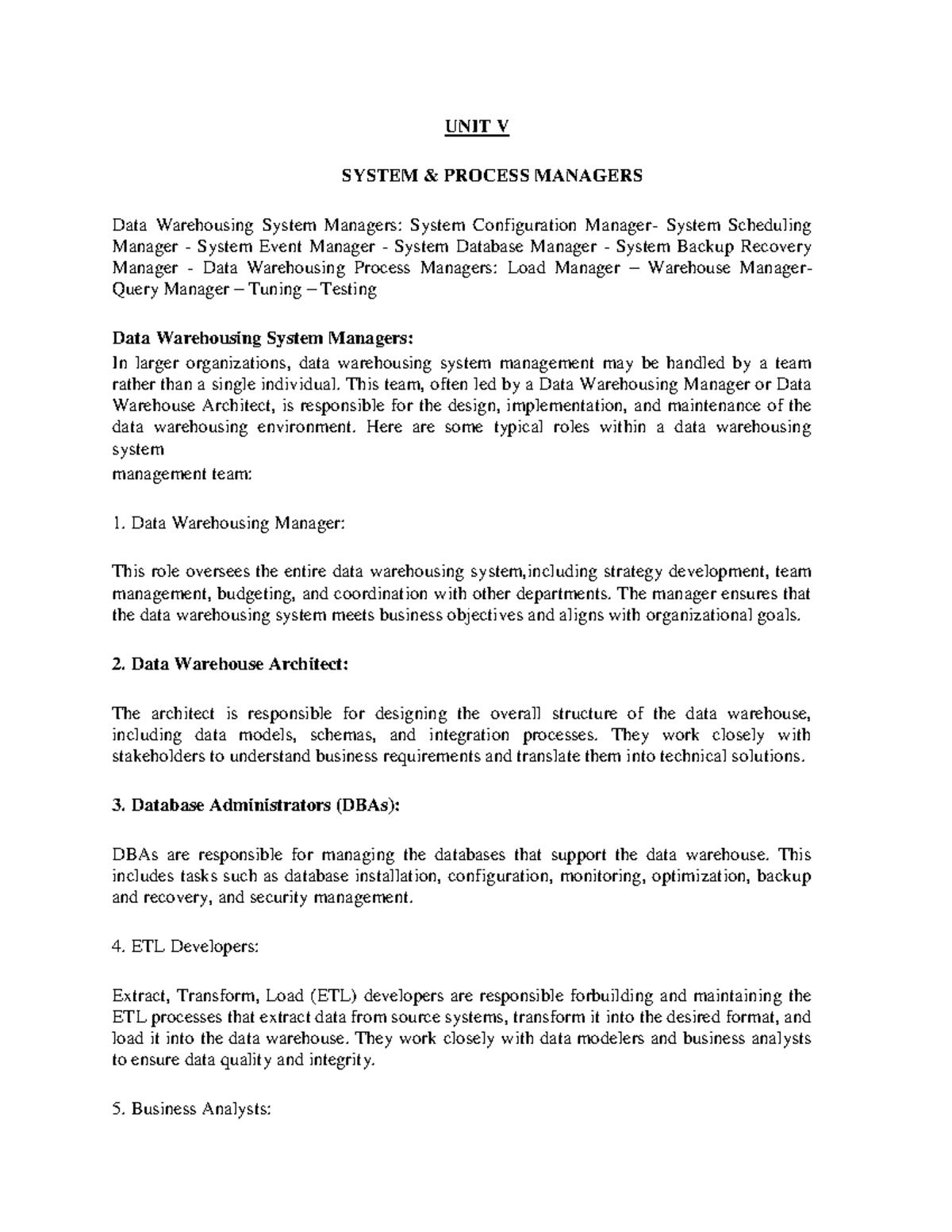 DATA Warehousing CCS341 UNIT 5: System & Process Managers Overview ...