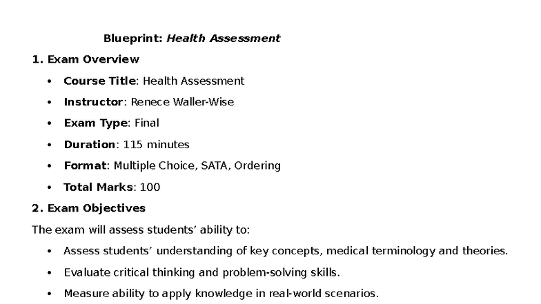 Final Exam Blueprint: Health Assessment 1 Overview - Studocu