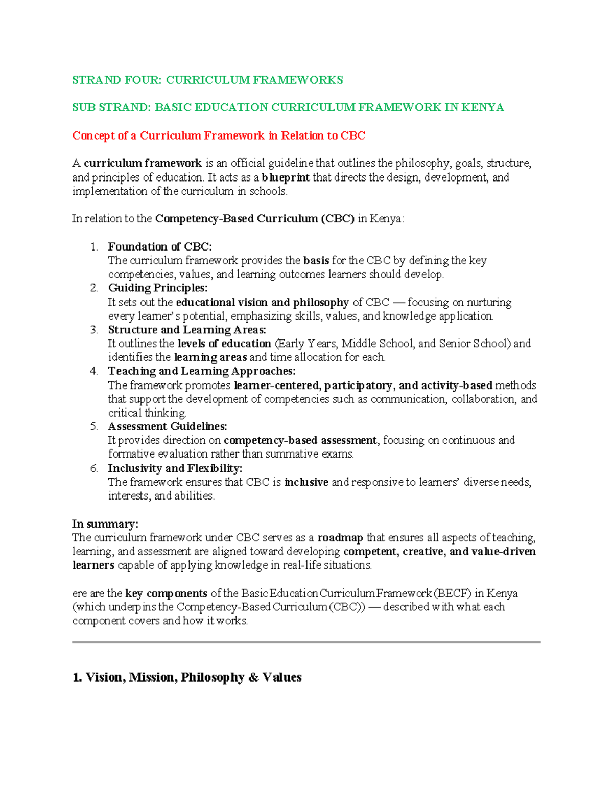 BECF in Kenya: Understanding the Curriculum Framework for CBC - Studocu