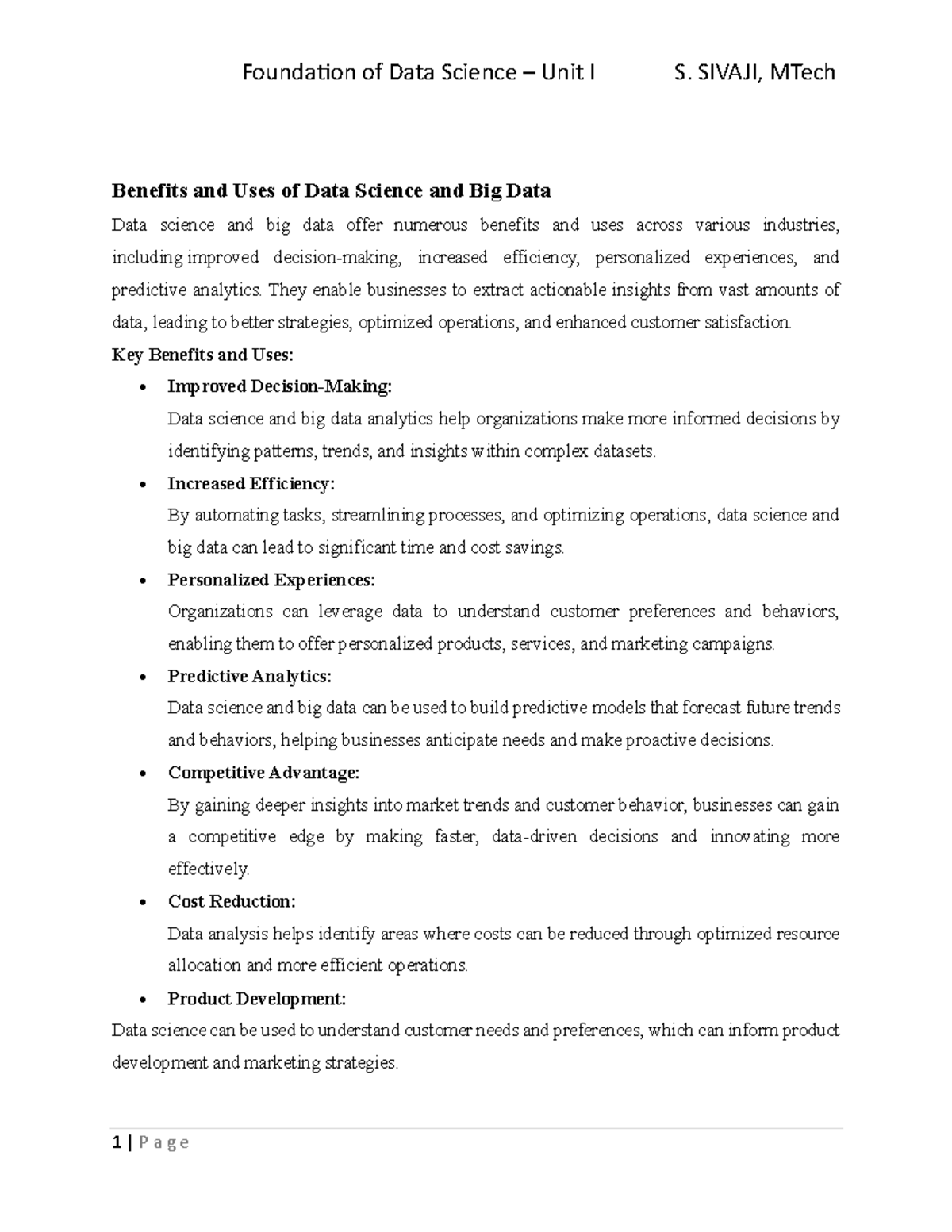 Foundation of Data Science Unit I: Benefits & Applications of Data ...