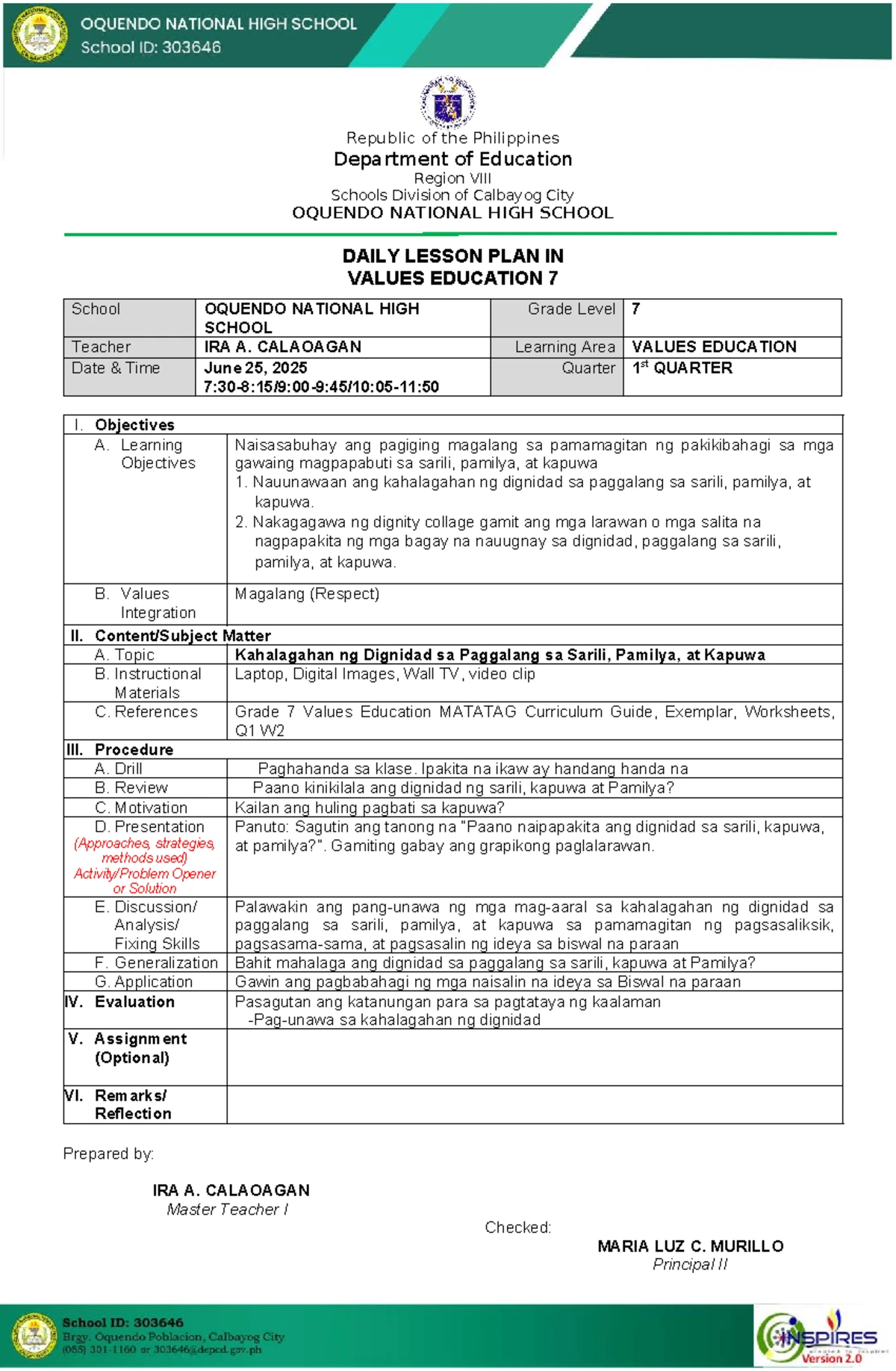 VE7 Q1: Daily Lesson Plan in Values Education 7 (June 19, 2025) - Studocu