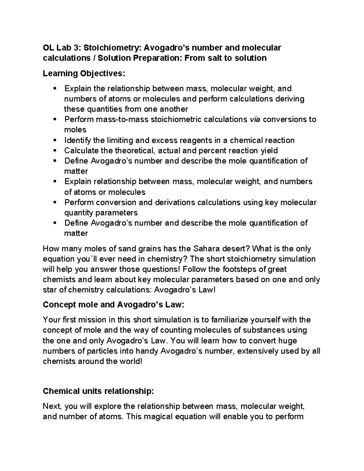 Week 3 Lab-Stoichiometry and Solutions final lab - OL Lab 3: Stoichiometry: Avogadro’s number ...