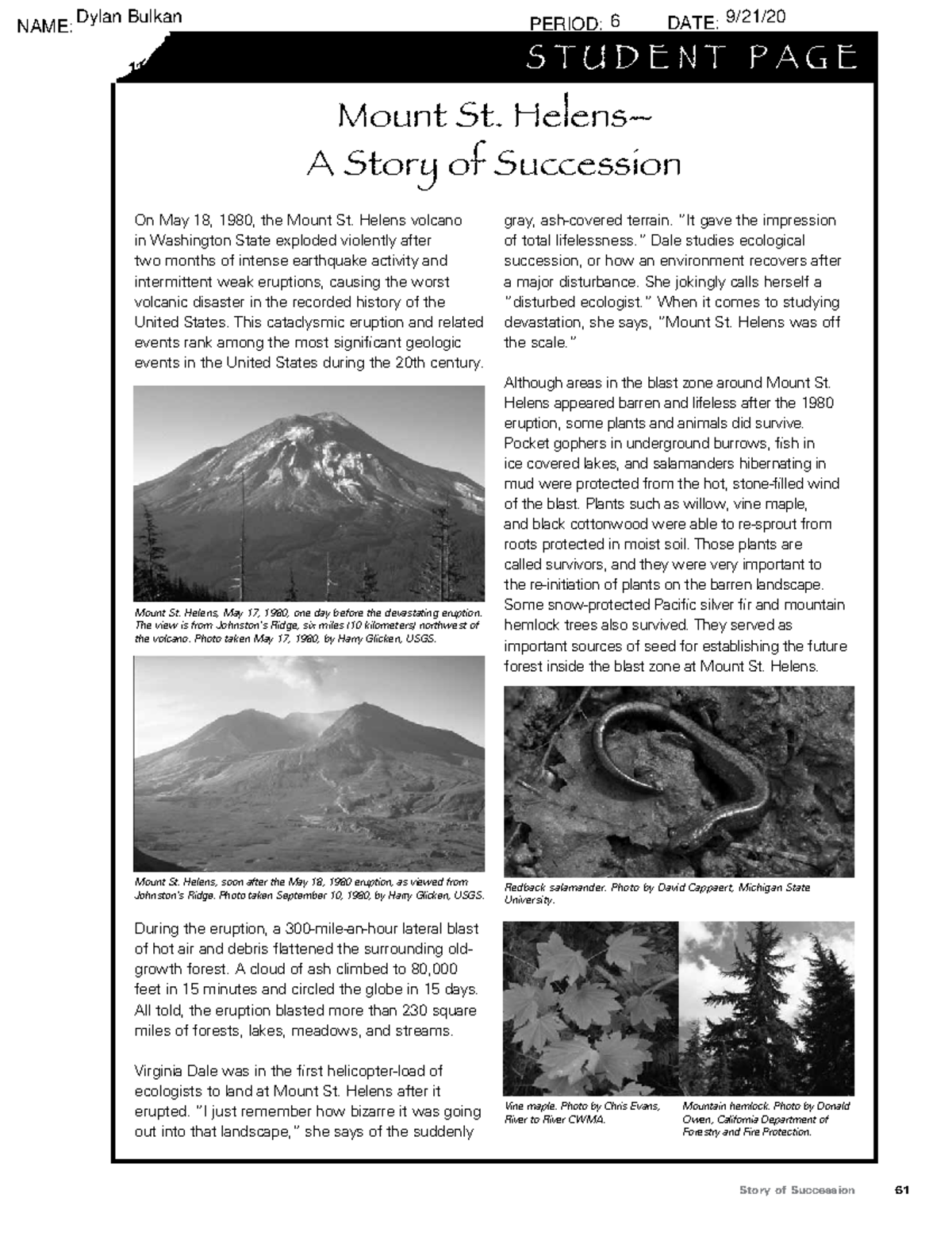 Focus on forests activity 2 sp 1 mount st helens - STUDenT PAge Mount ...