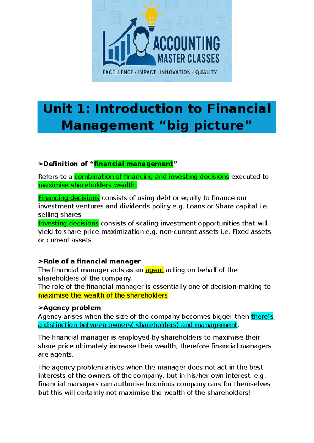 Unit 1: Intro to Financial Management - Summary Slides - Studocu