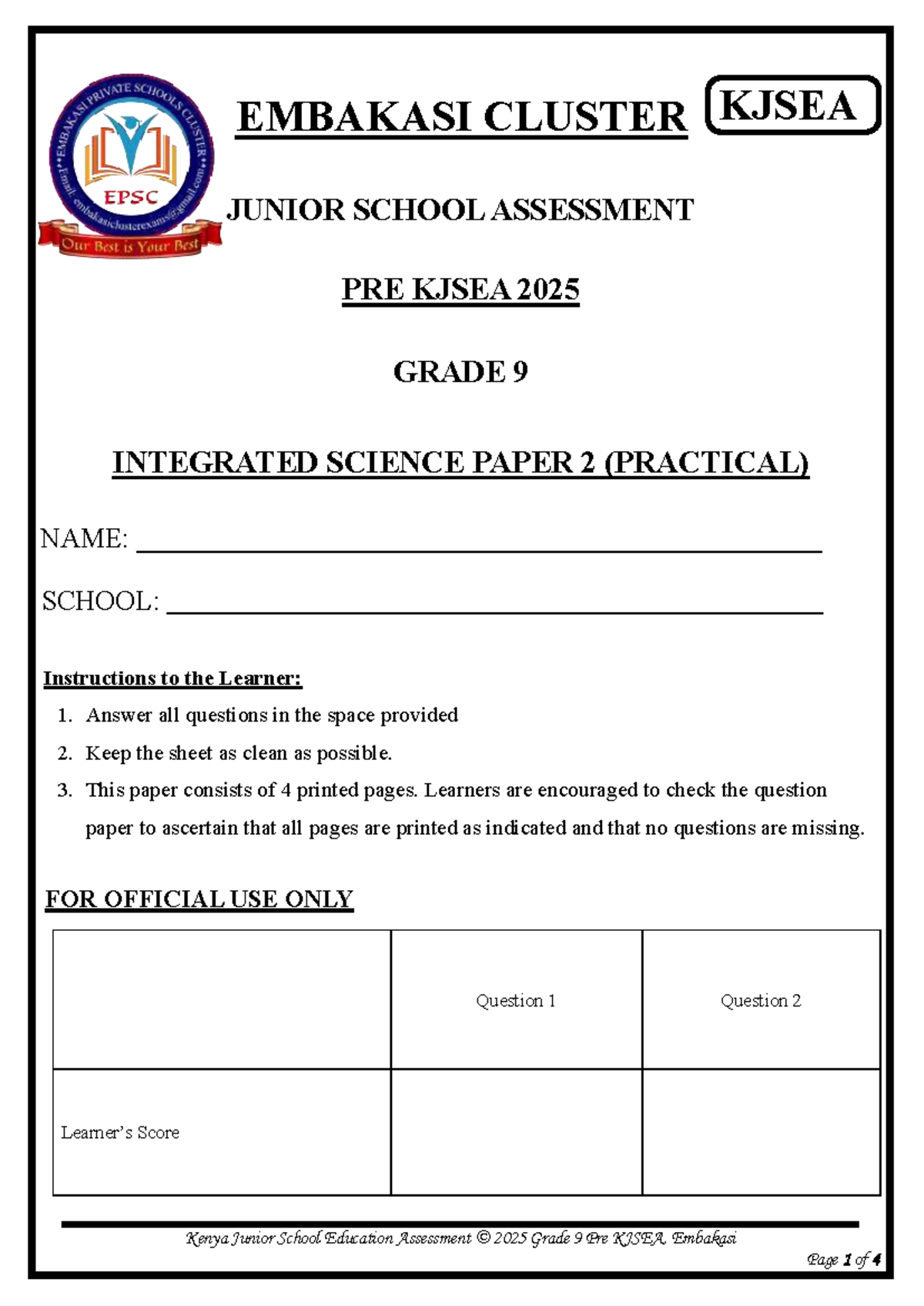 KJSEA 2025 Grade 9 Integrated Science Practical Assessment - Studocu
