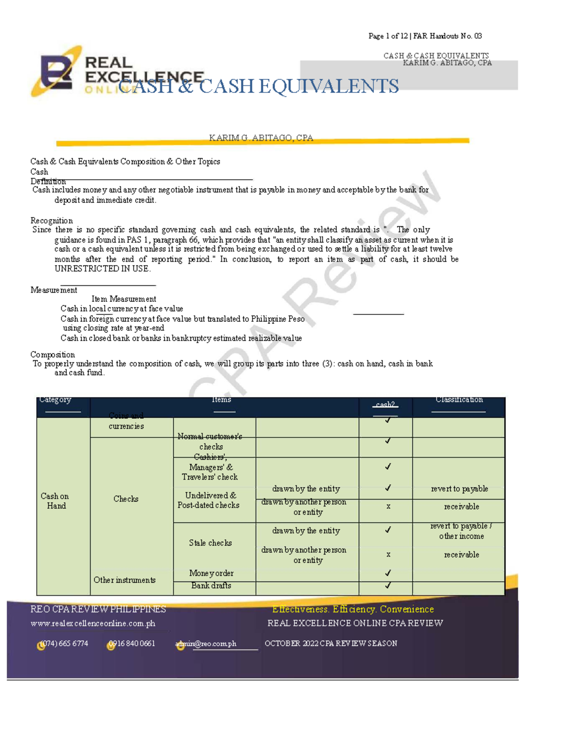 FAR Handouts No. 03: Cash and Cash Equivalents Overview by Karim G ...