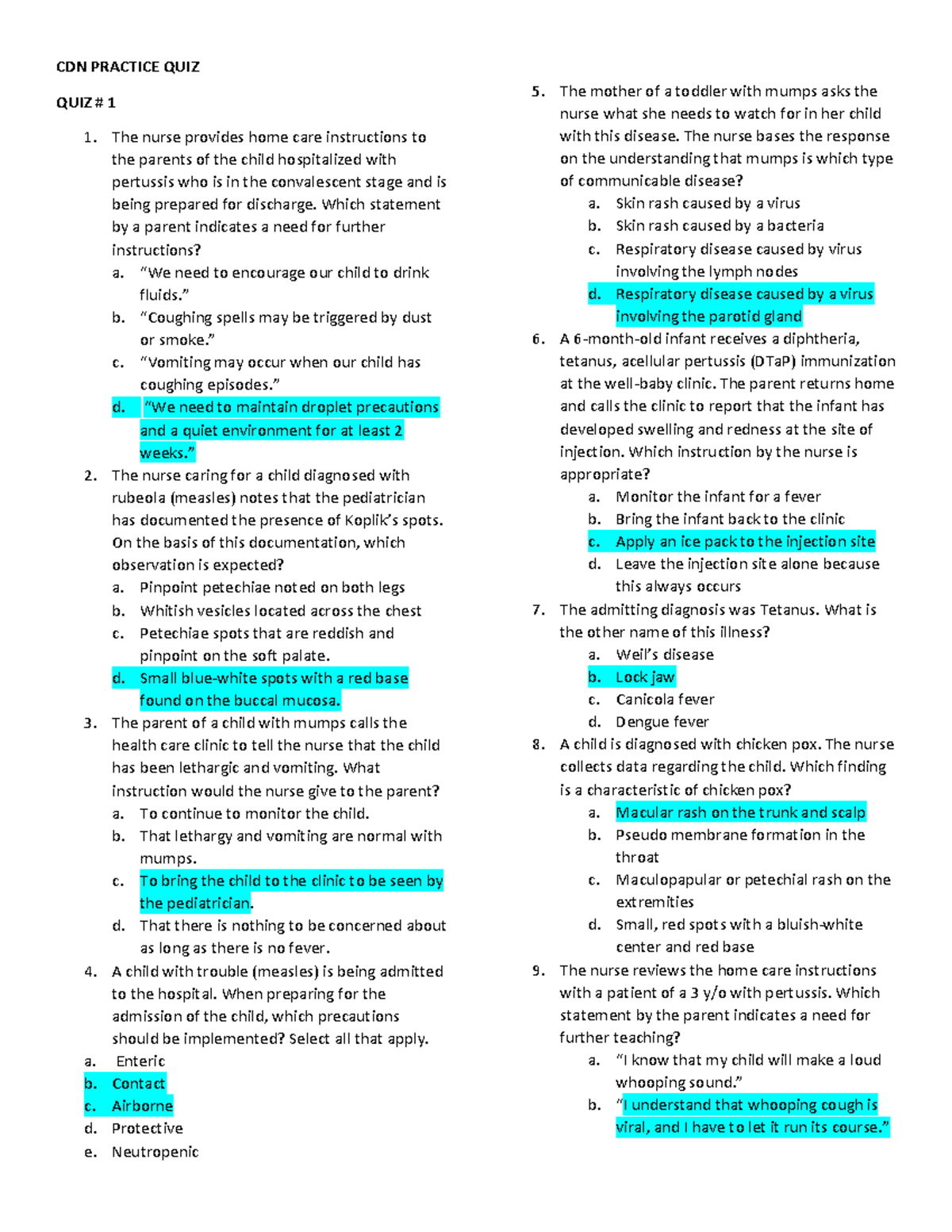 CDN Practice Quiz: Key Questions on Common Infectious Diseases - Studocu