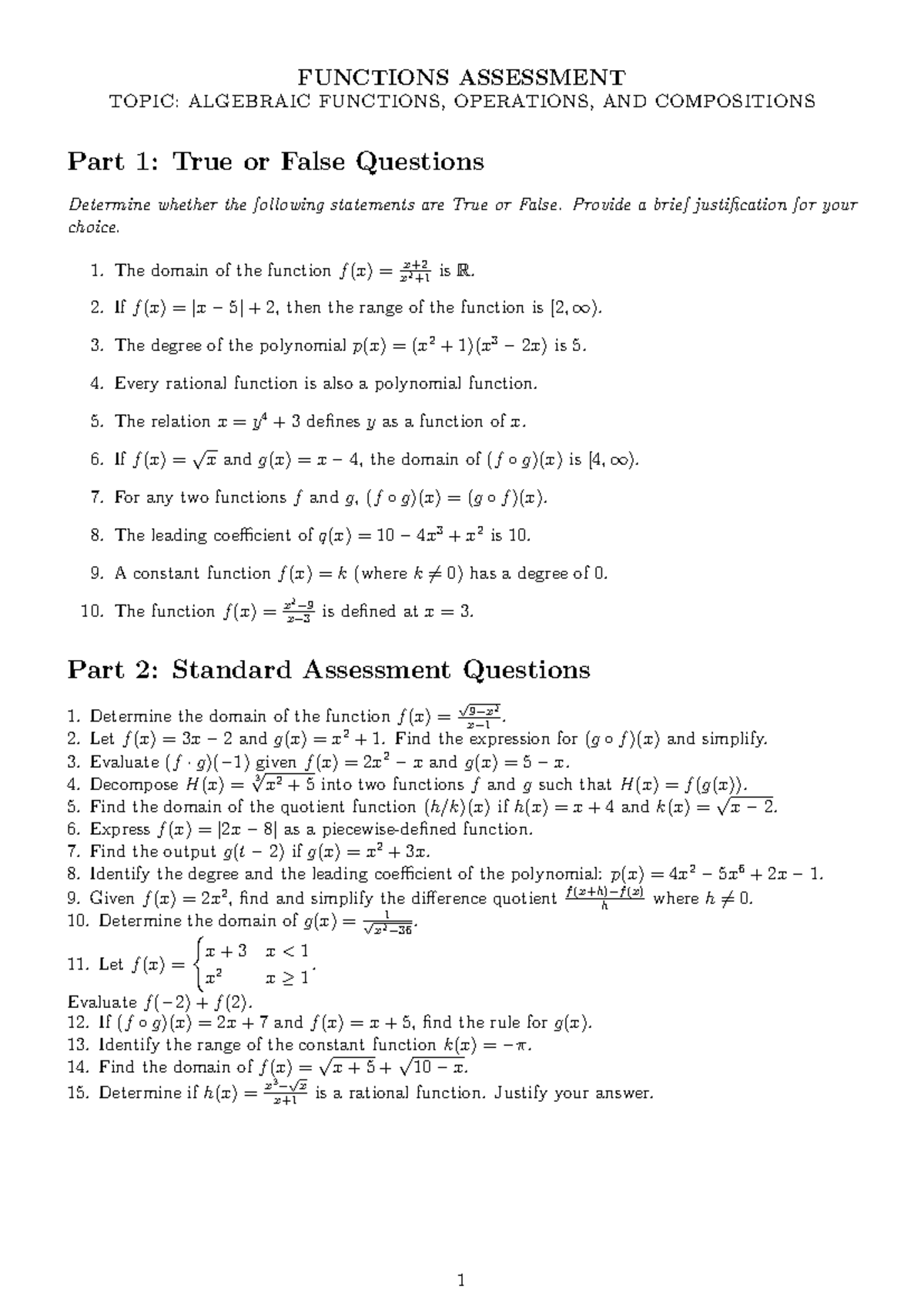 Functions Assessment: Algebraic Functions, Operations, and Compositions ...