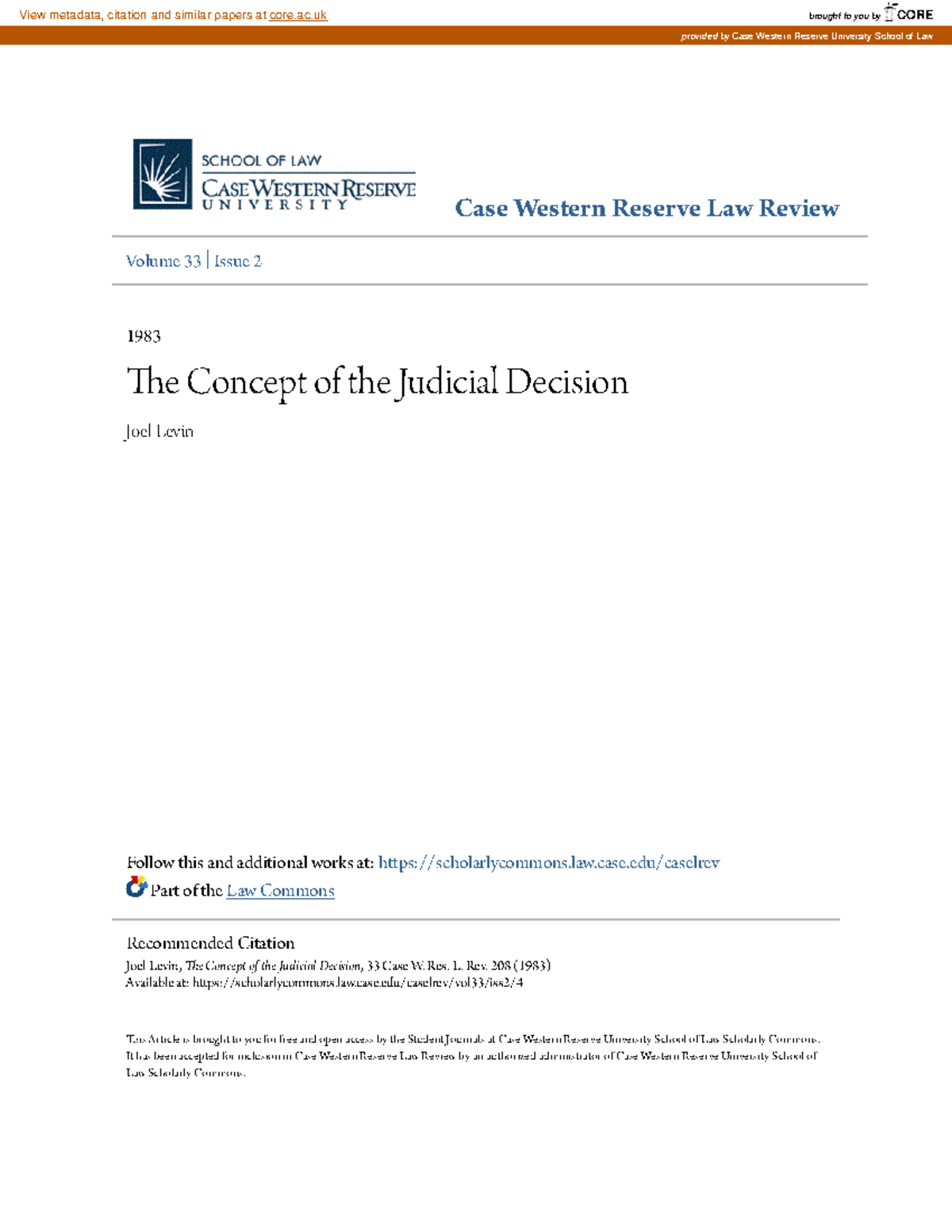 Case Western Reserve Law Review: The Concept of the Judicial Decision ...