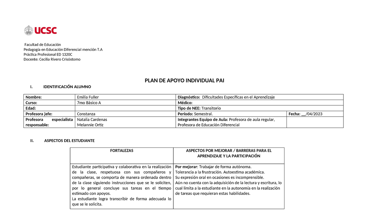 PAI ED 1320C - Plan de Apoyo Individual para Emilia Fuller - Studocu