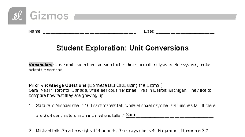 Unit Conversion Gizmo - Student Exploration Guide - Studocu
