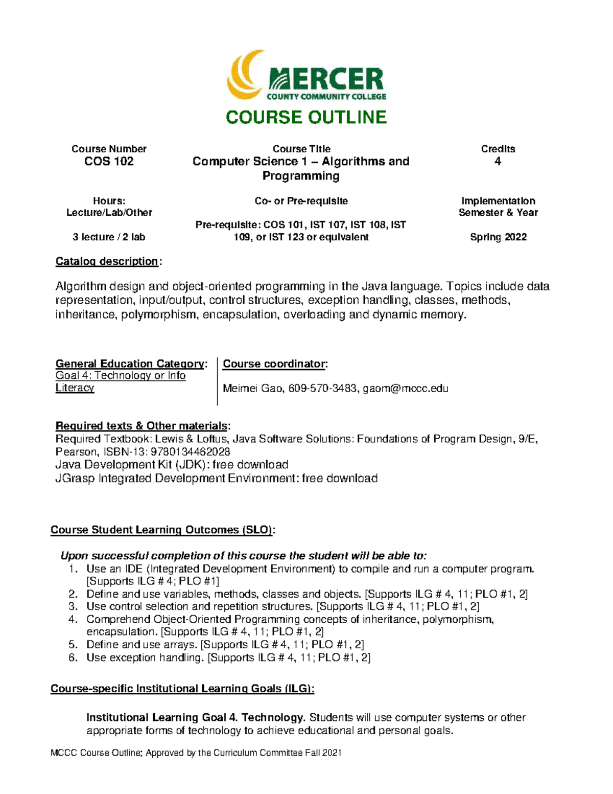 COS 102 Course Outline: Algorithms & Programming in Java - Studocu