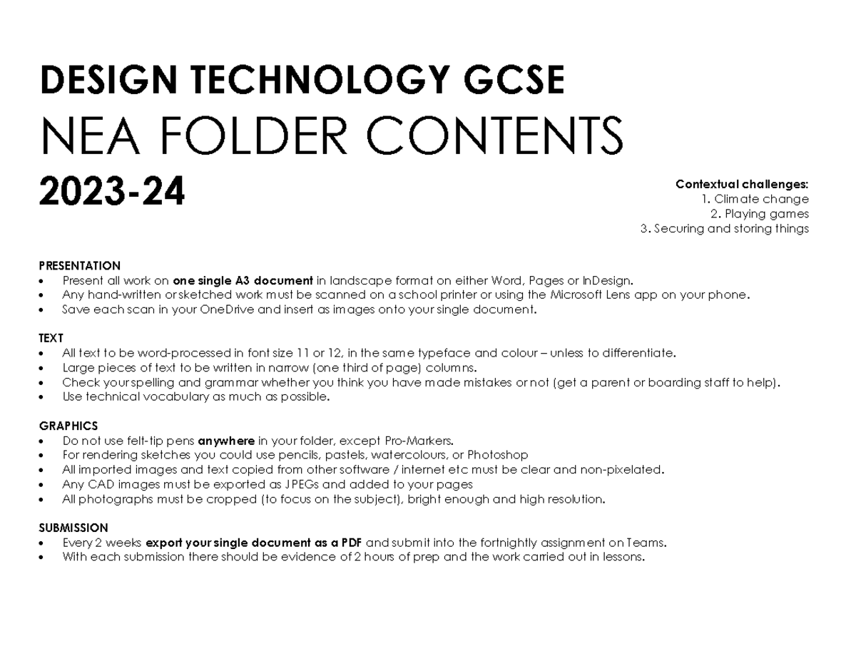 DT NEA 2023-24 Comprehensive Guide for Design Technology GCSE - Studocu