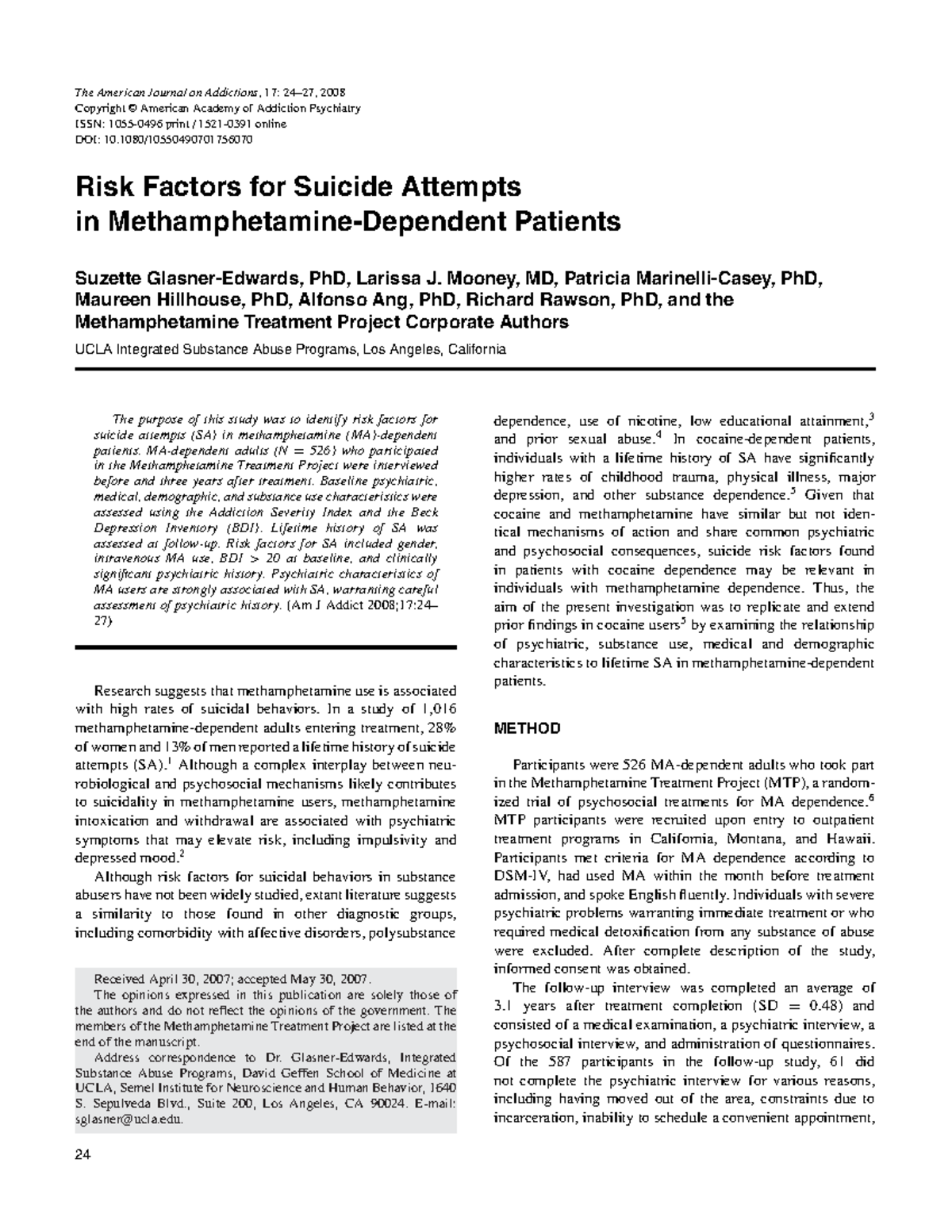 Risk Factors for Suicide in Methamphetamine Users (MTP Study) - Studocu