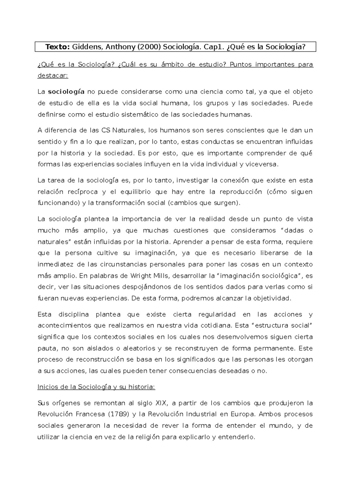 Texto Giddens, Anthony - Que es la Sociología - Texto: Giddens, Anthony (2000) Sociología. Cap1 ...