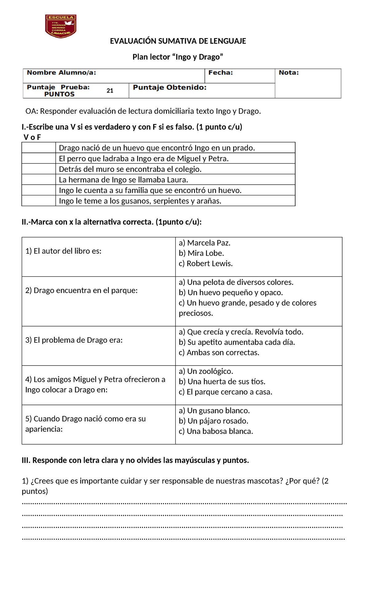 Evaluación Sumativa: Plan Lector "Ingo y Drago" (Len-101) - Studocu