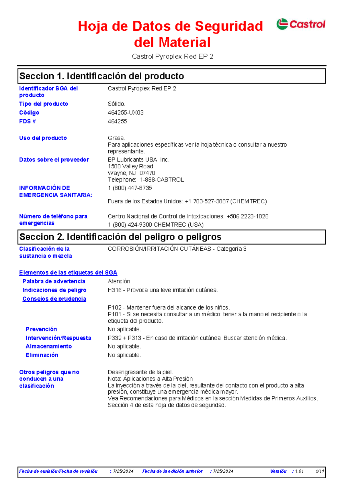 Hoja de Datos de Seguridad: Castrol Pyroplex Red EP 2 - Grasa HDS - Studocu