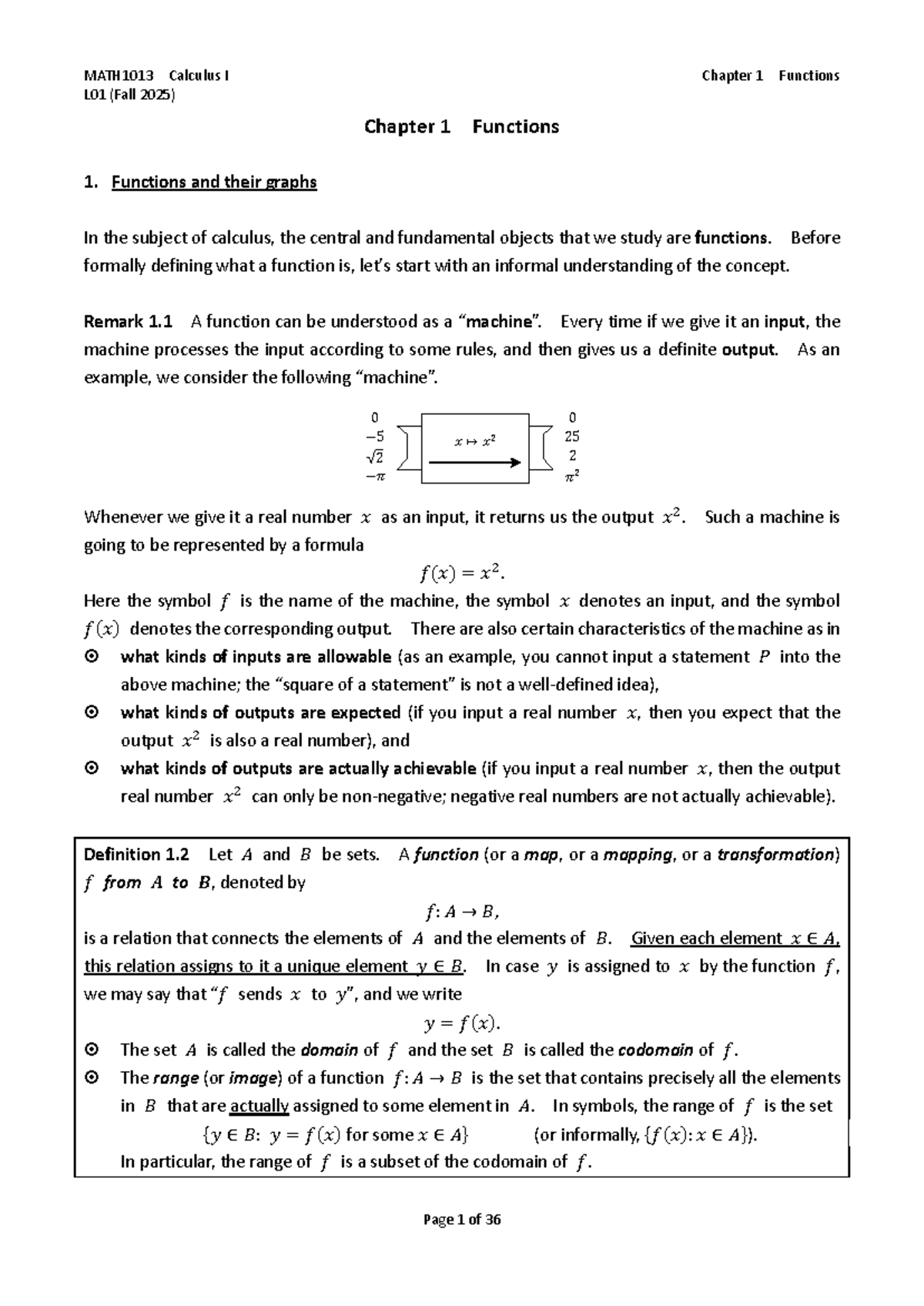 MATH1013 Calculus I L01 (Fall 2025) Chapter 1: Functions Overview - Studocu