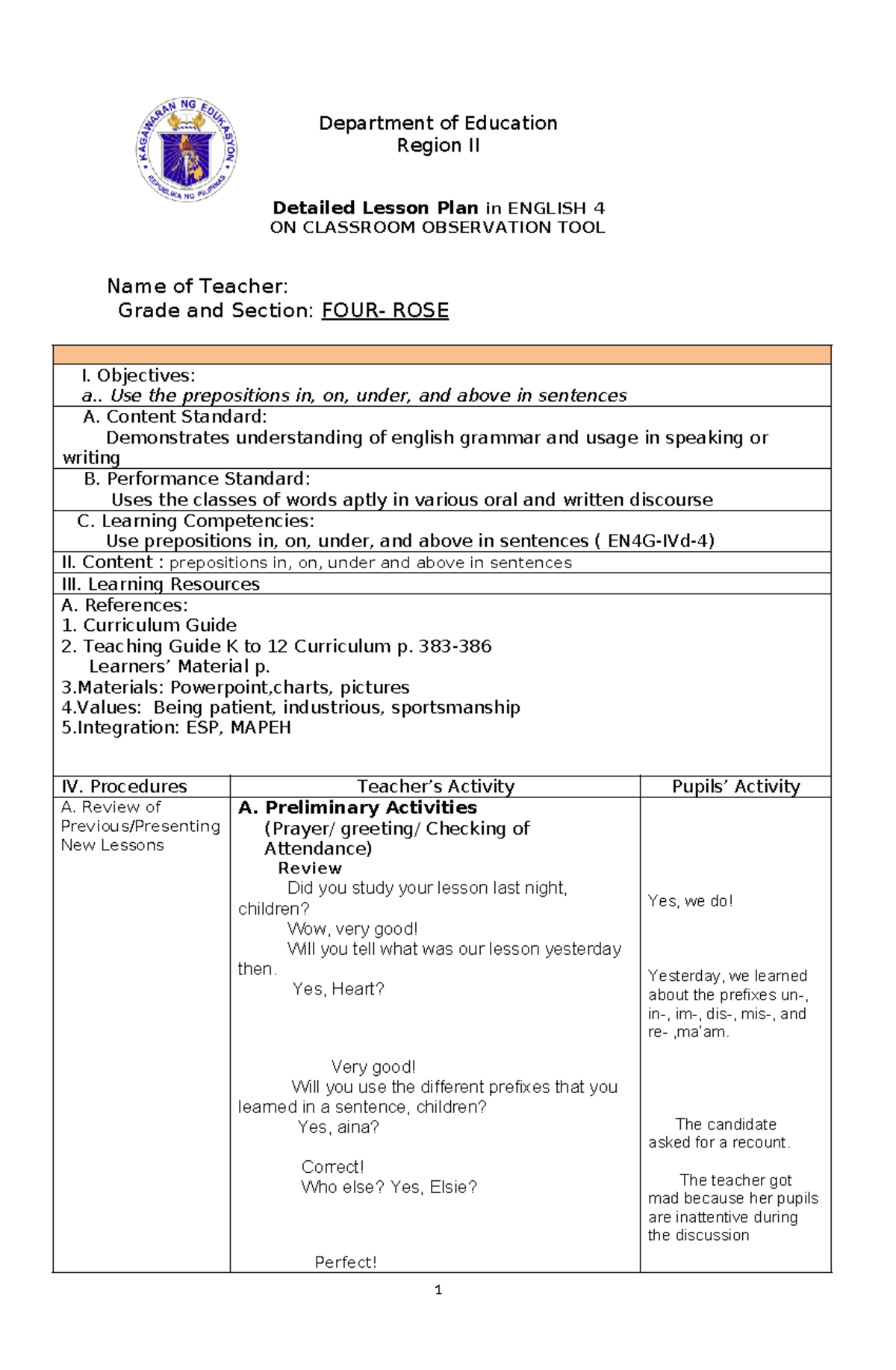 Detailed Lesson Plan in ENGLISH 4: Classroom Observation Tool - Studocu