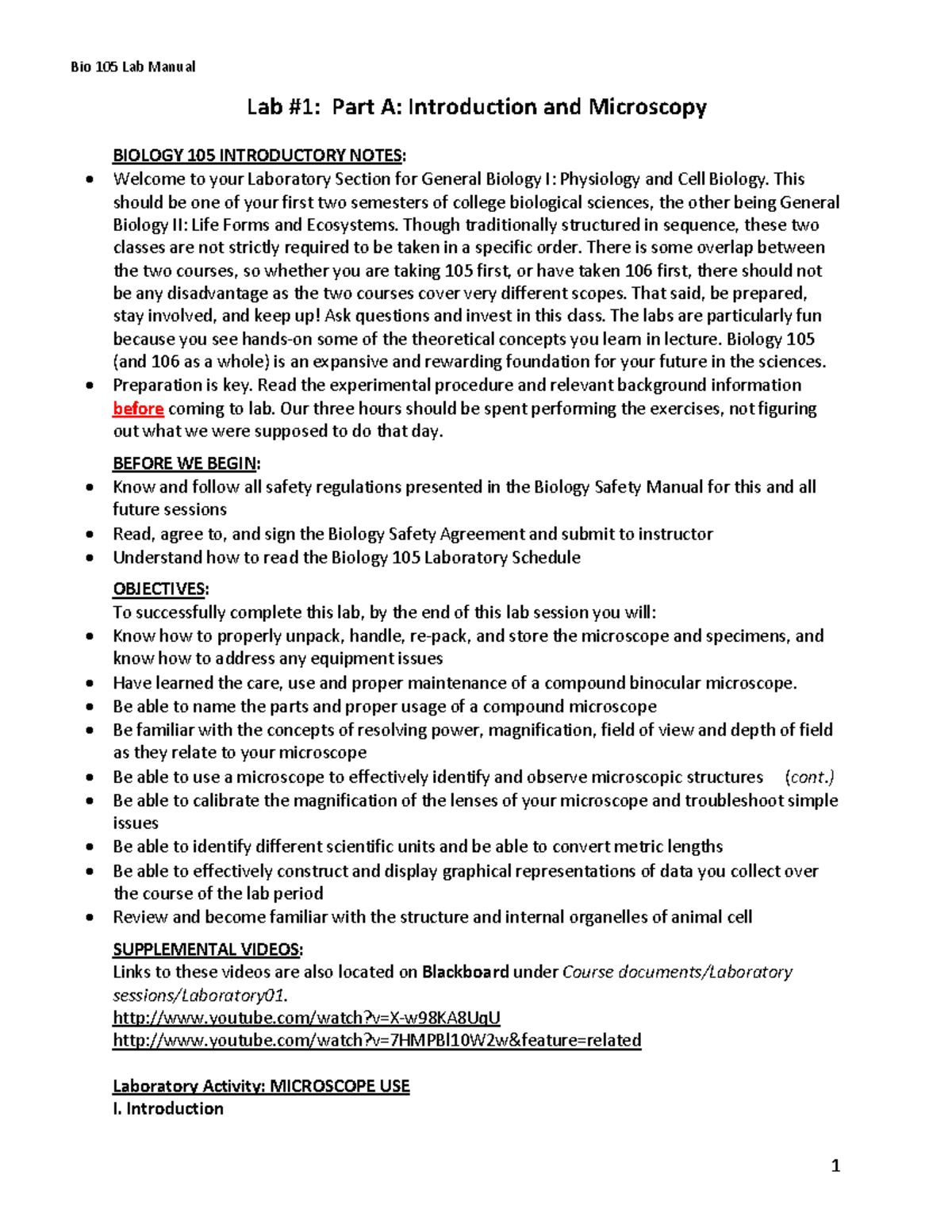 01. Lab 1 Microscopy - lab work - Bio 105 Lab Manual Lab #1: Part A: Introduction and Microscopy ...