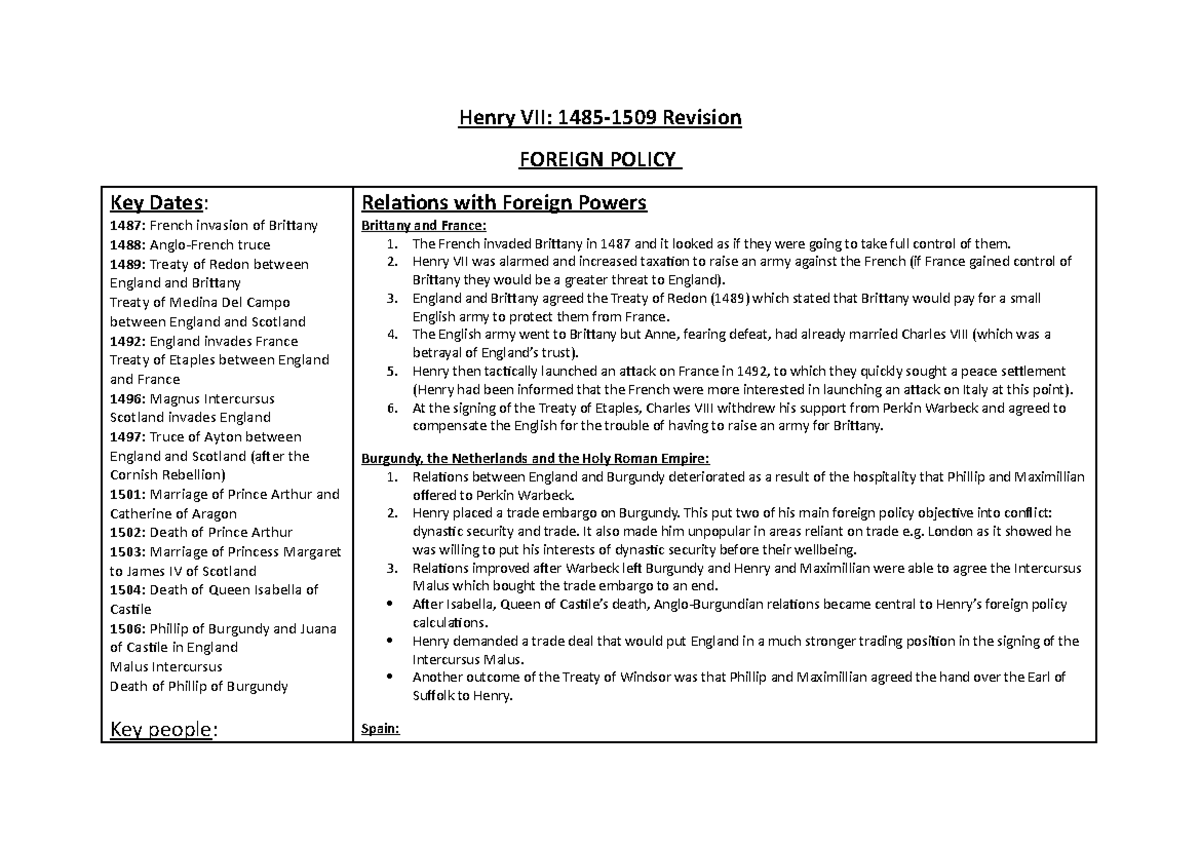 Henry VII Revision Notes: Foreign Policy & Society Overview (1485-1509 ...