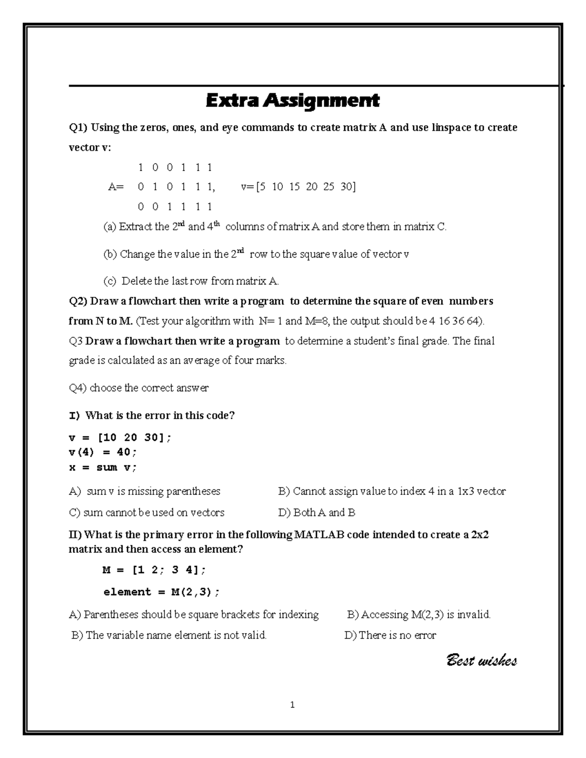 MATLAB Exercises: Assignment Extra 2 - Matrix & Flowchart Tasks - Studocu