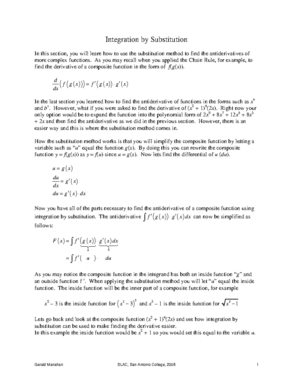 Math1325 integration by substitution - Integration by Substitution In ...