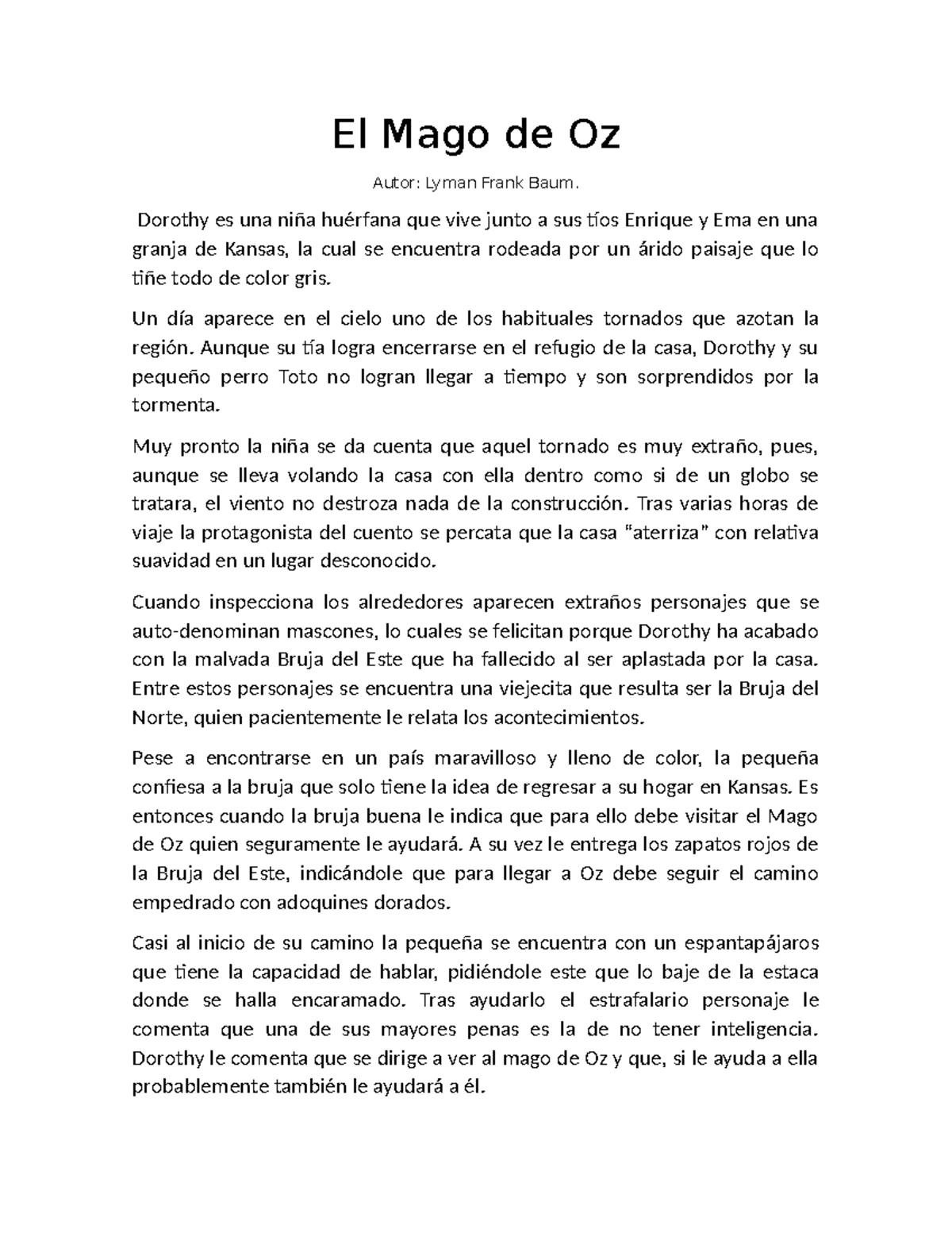 El Mago de Oz: Resumen del Cuento de Lyman Frank Baum - Studocu