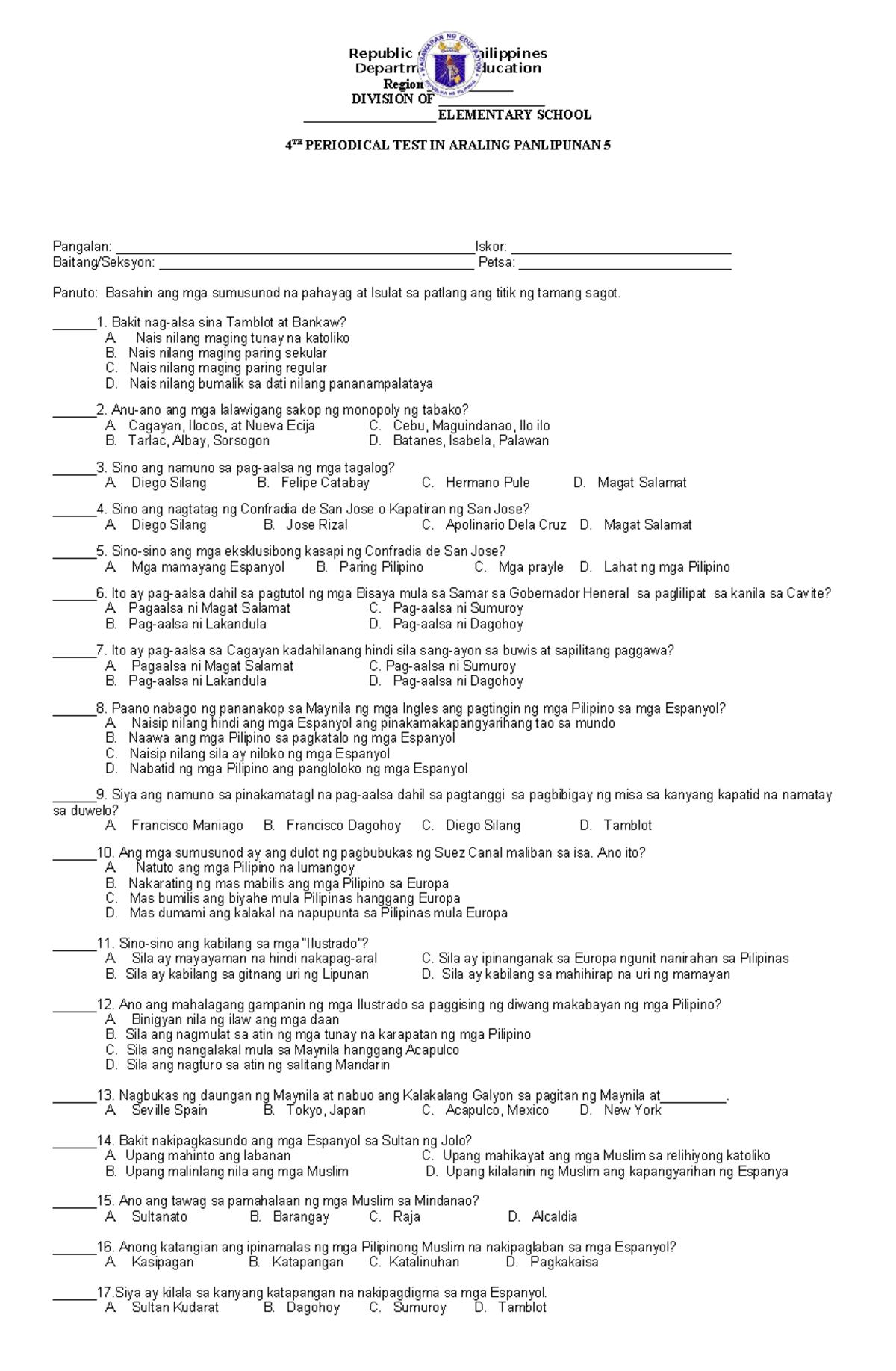 PT Araling Panlipunan 5 - Q4 Periodical Test Questionnaire - Studocu