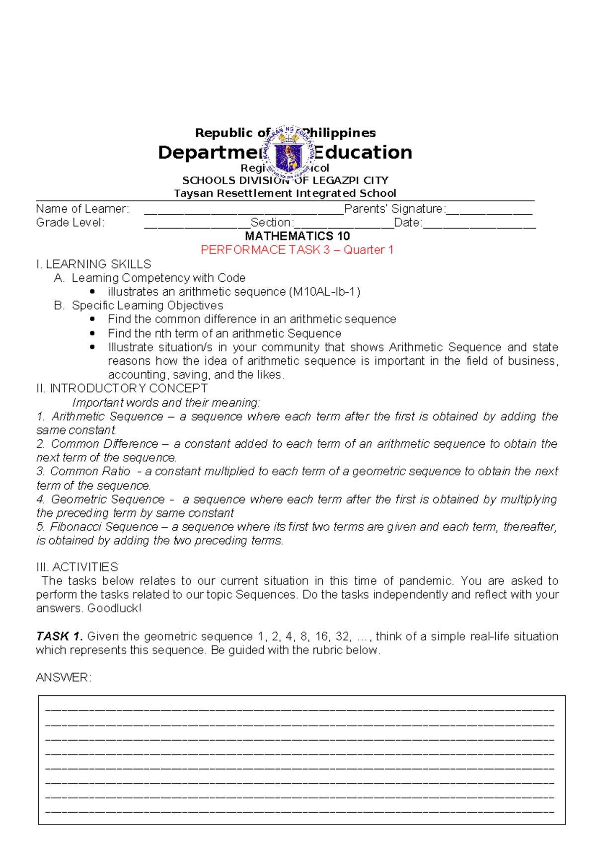 MATH 10 - Quarter 1 Performance Task 3: Arithmetic Sequences - Studocu