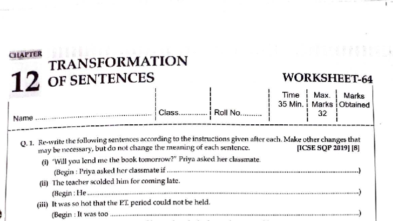 CHAPTER 12 TRANSFORMATION OF SENTENCES - ICSE Board Exam Notes - Studocu