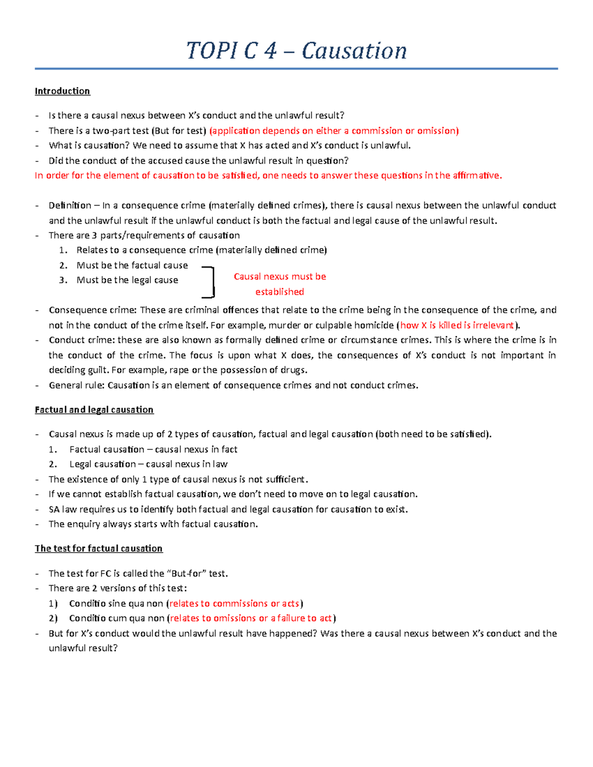Topic 4 - Causation: Lecture Notes & Case Summaries for Law Studies ...