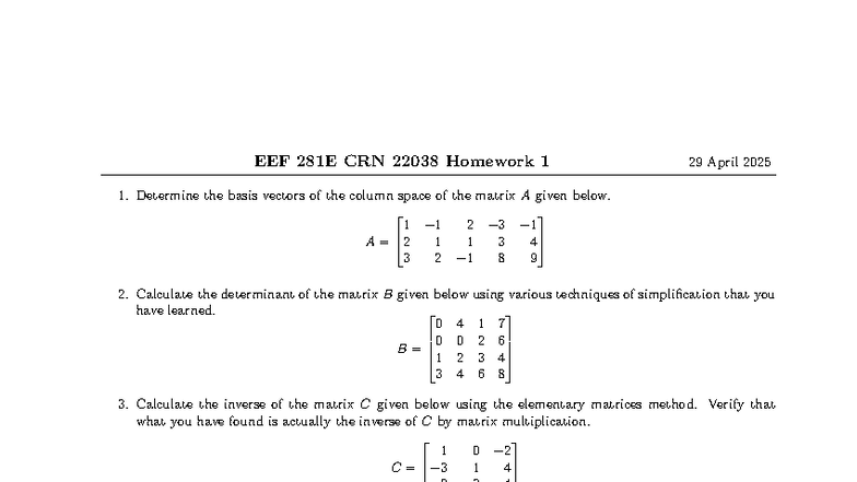 EEF 281E CRN 22038 Homework 1: Linear Algebra Practice Questions - Studocu