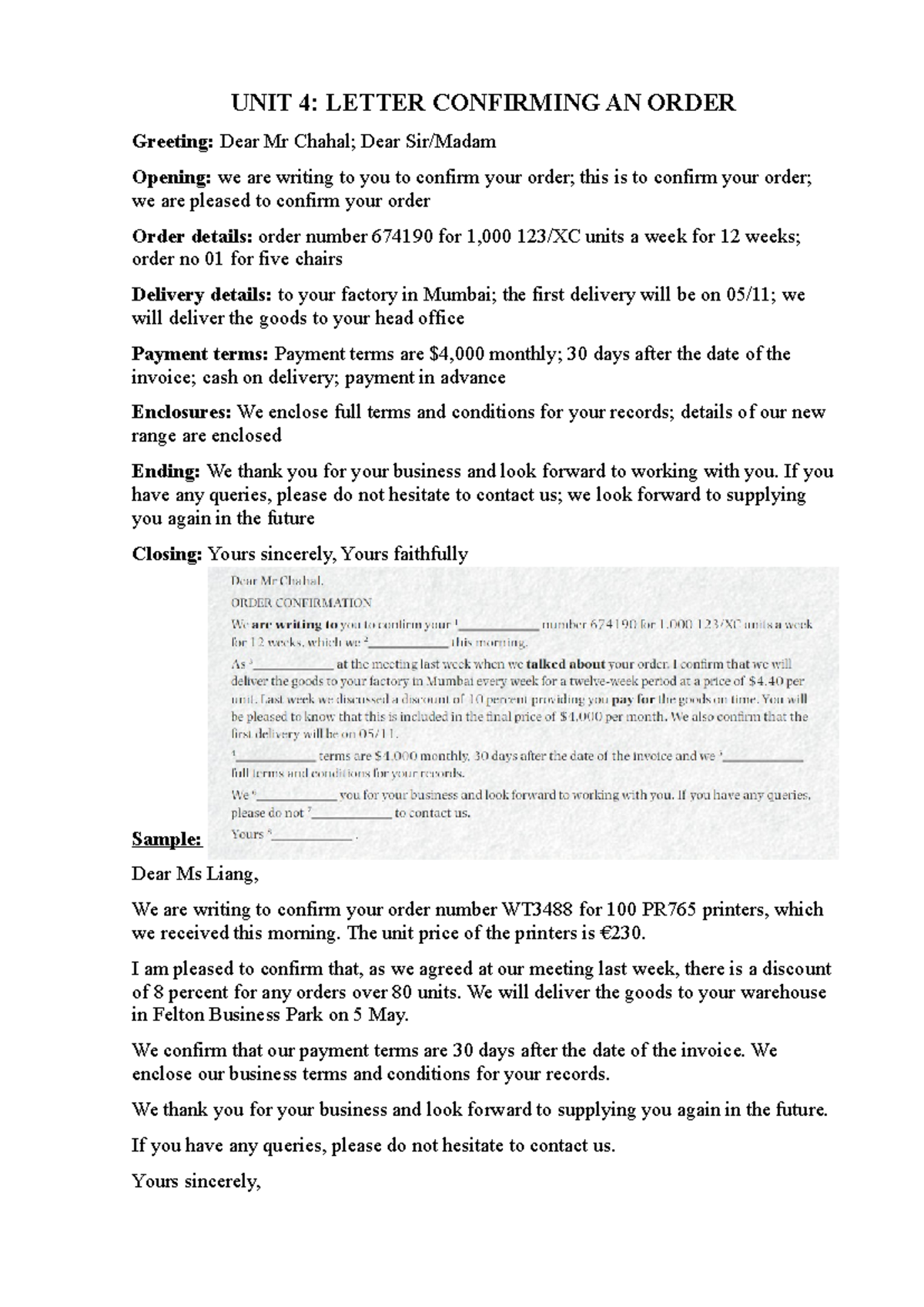 Writing English - UNIT 4: LETTER CONFIRMING AN ORDER Greeting: Dear Mr ...