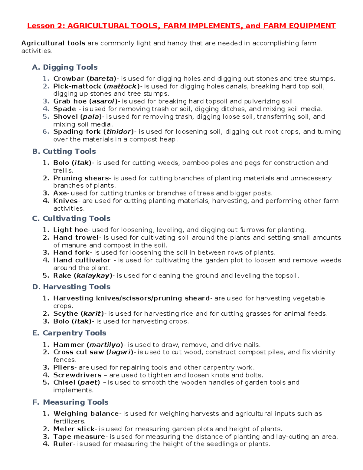 Lesson 2: Agricultural Tools, Implements & Equipment Overview - Studocu