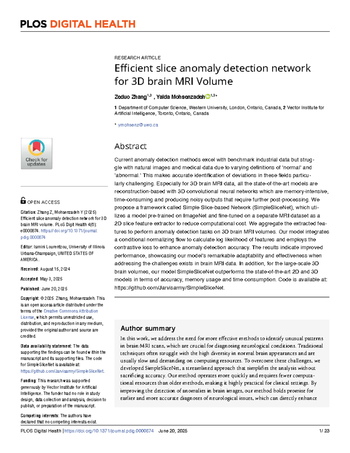 Efficient Slice Anomaly Detection in 3D Brain MRI Volumes (PLOS Digital ...