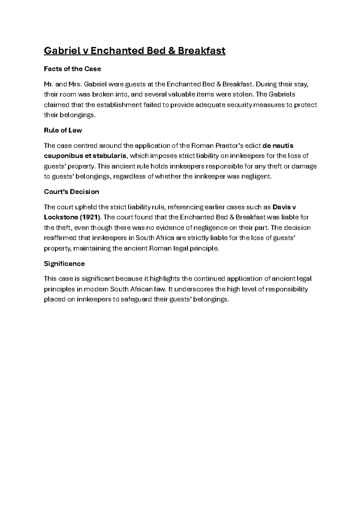 Gabriel v Enchanted B&B Case Study: Innkeeper Liability Principles ...