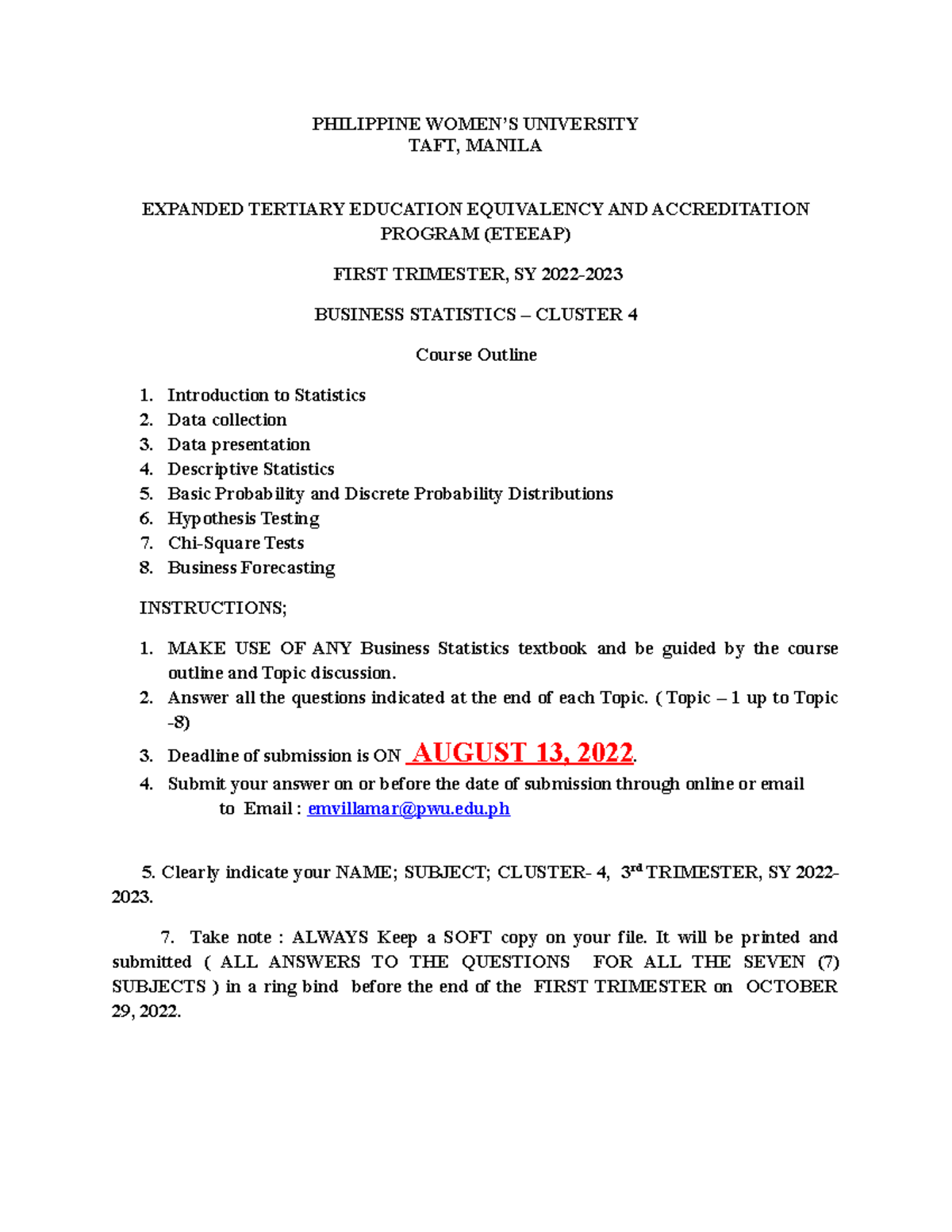 Business Statistics (BUSST 101): Course Outline & Key Topics for ETEEAP ...