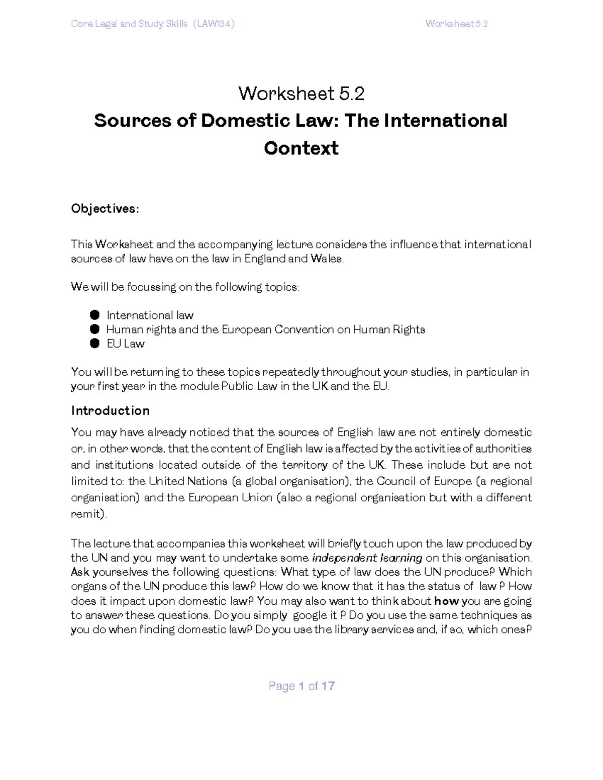 Worksheet 5.2 - International Sources of Law - Worksheet 5. Sources of ...